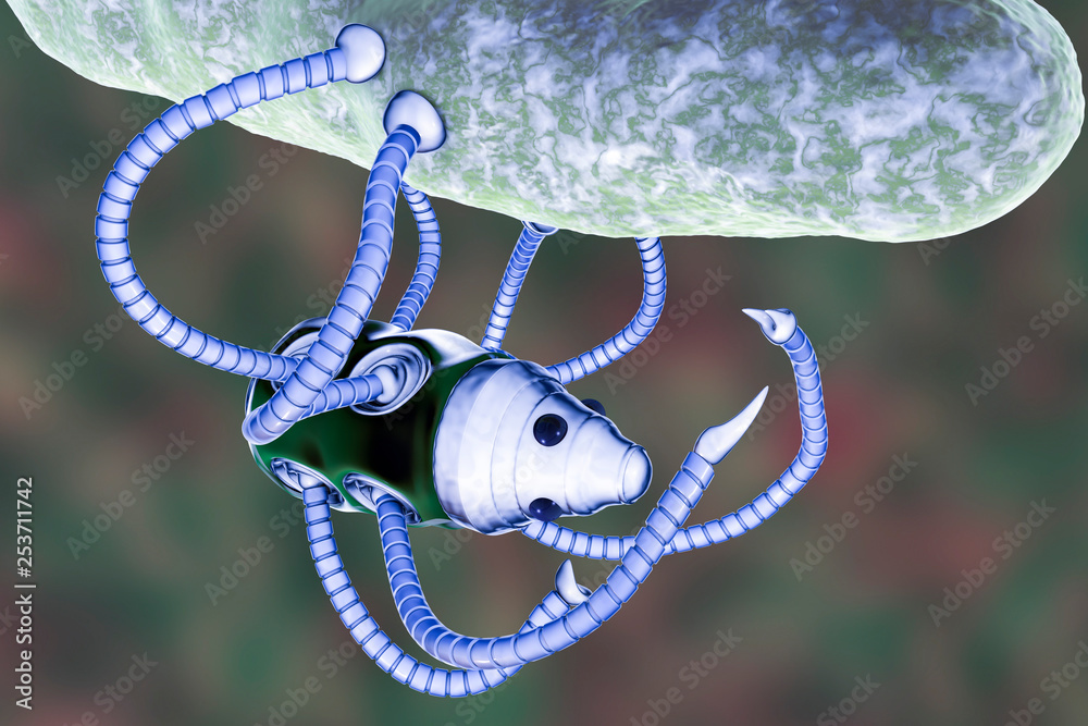 Nanobot attacking bacterium, nanotechnology medical concept, 3D ...