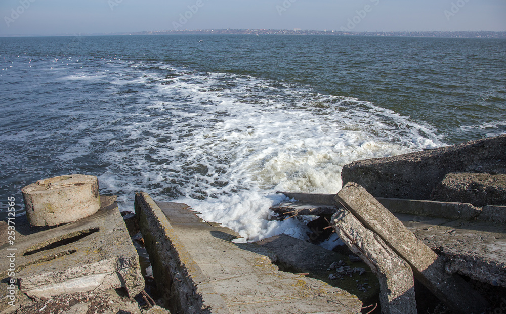 Discharge of dirty industrial wastewater into sea. Poisoning of ...