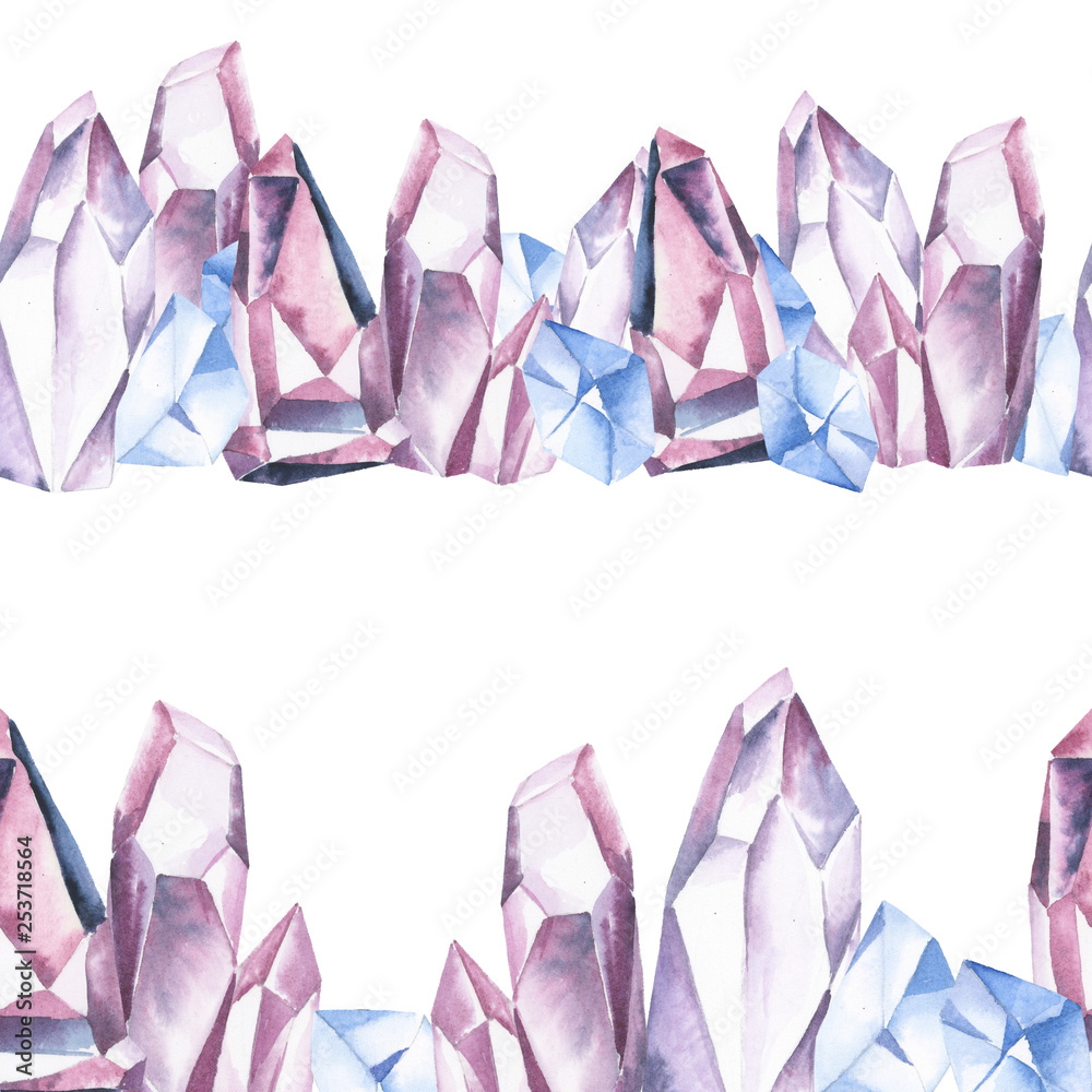 Watercolor seamless border of gentle blue and pink crystal on white ...