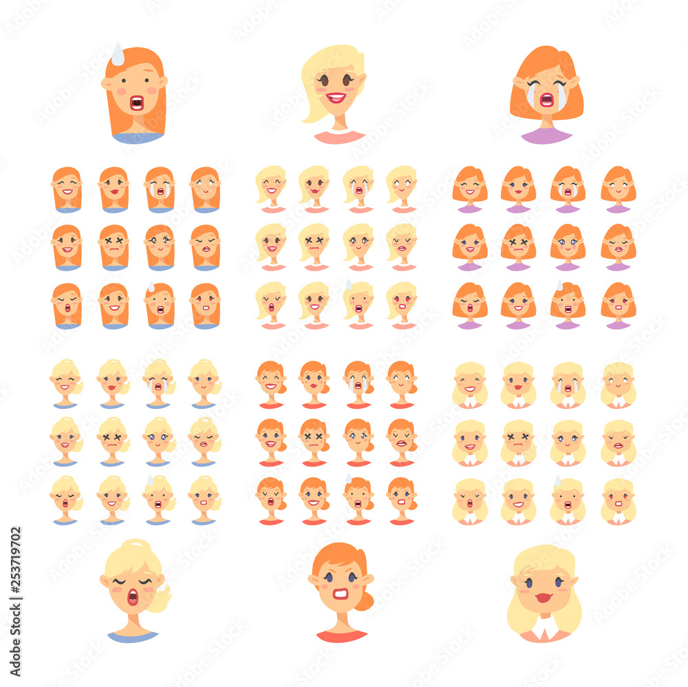 Set of female emoji characters. Cartoon style emotion icons. American ...