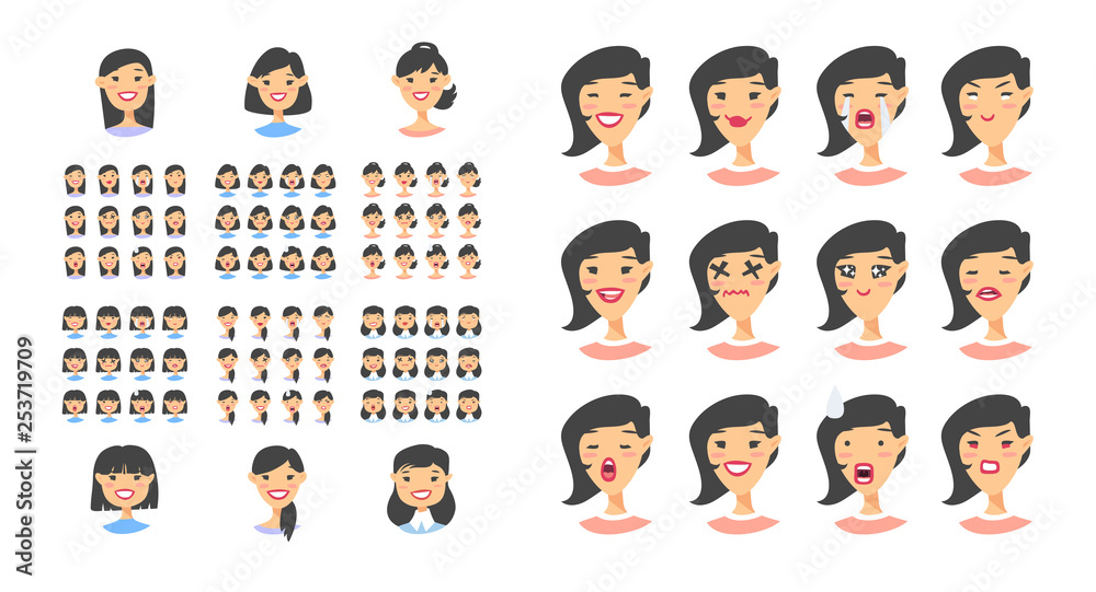 Set of female emoji characters. Cartoon style emotion icons. Isolated ...