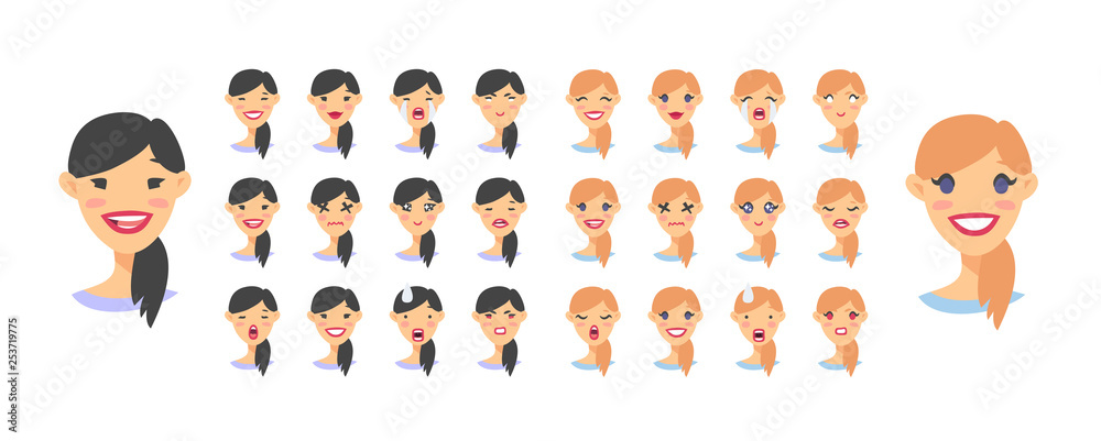 Set of female emoji characters. Cartoon style emotion icons. American ...
