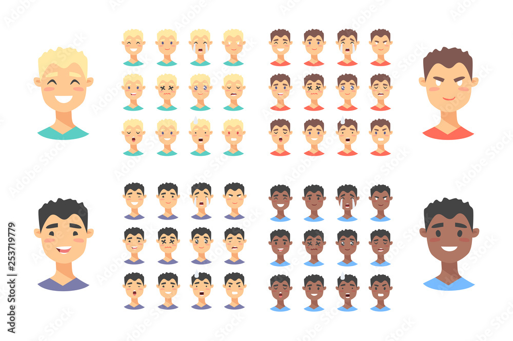 Set of male emoji characters. Cartoon style emotion icons. Isolated ...