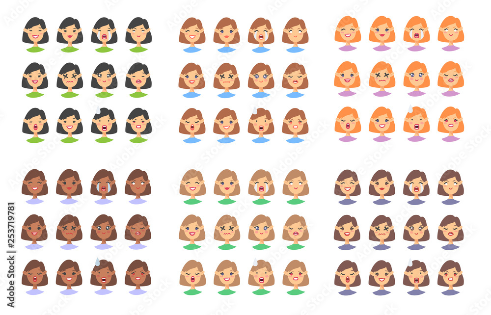 Set of female emoji characters. Cartoon style emotion icons. American ...