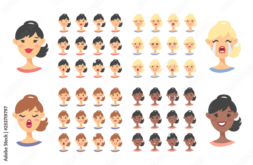 Set of female emoji characters. Cartoon style emotion icons. American ...