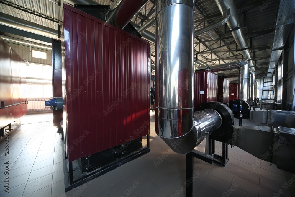 Wide-angle panoramic photo of the newest alternative fuel boiler room ...