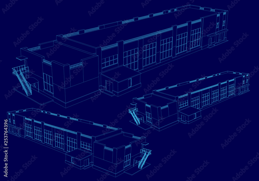 Wireframe of the building in isometric. 3D. Building with different ...