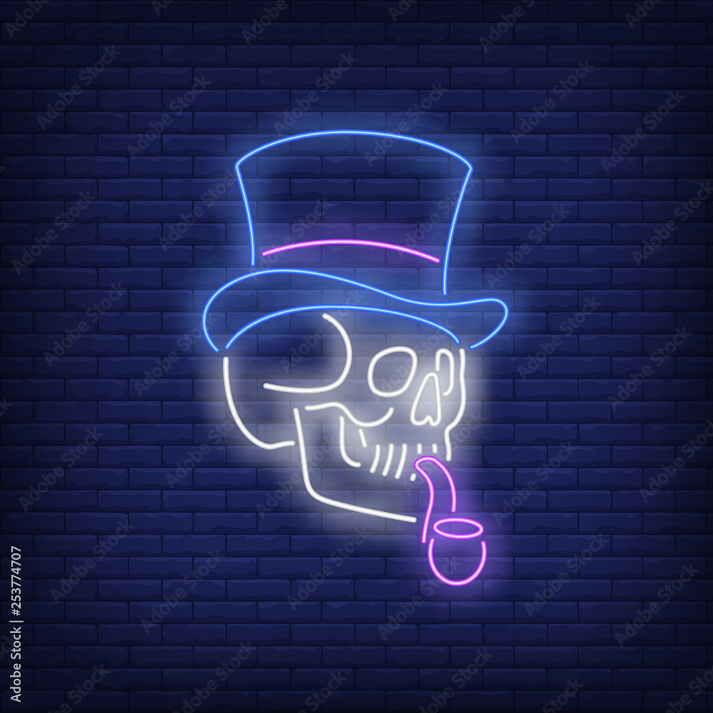 Skull with pipe and topper hat neon sign Stock Vector | Adobe Stock