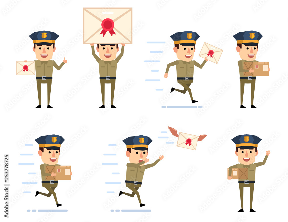 Set of funny policeman characters posing with letter and parcel ...