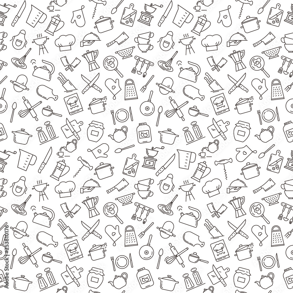 A large seamless pattern on the theme of the kitchen with various ...