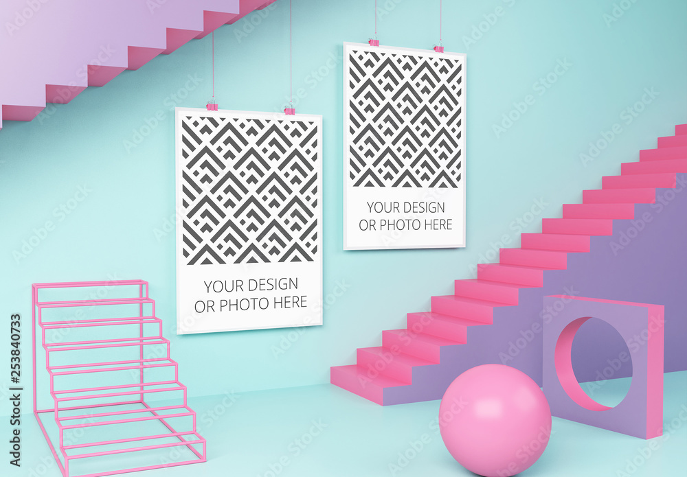 Two Vertical Posters in a Geometric Scene Mockup Stock Template | Adobe ...