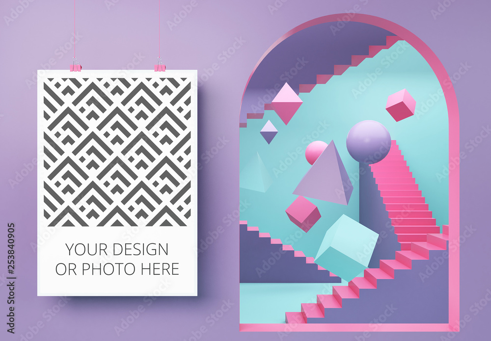 Vertical Poster in a Geometric Scene Mockup Stock Template | Adobe Stock
