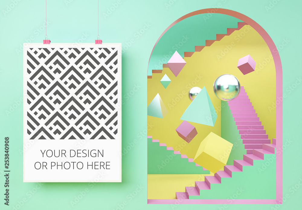 Vertical Poster in a Geometric Scene Mockup Stock Template | Adobe Stock