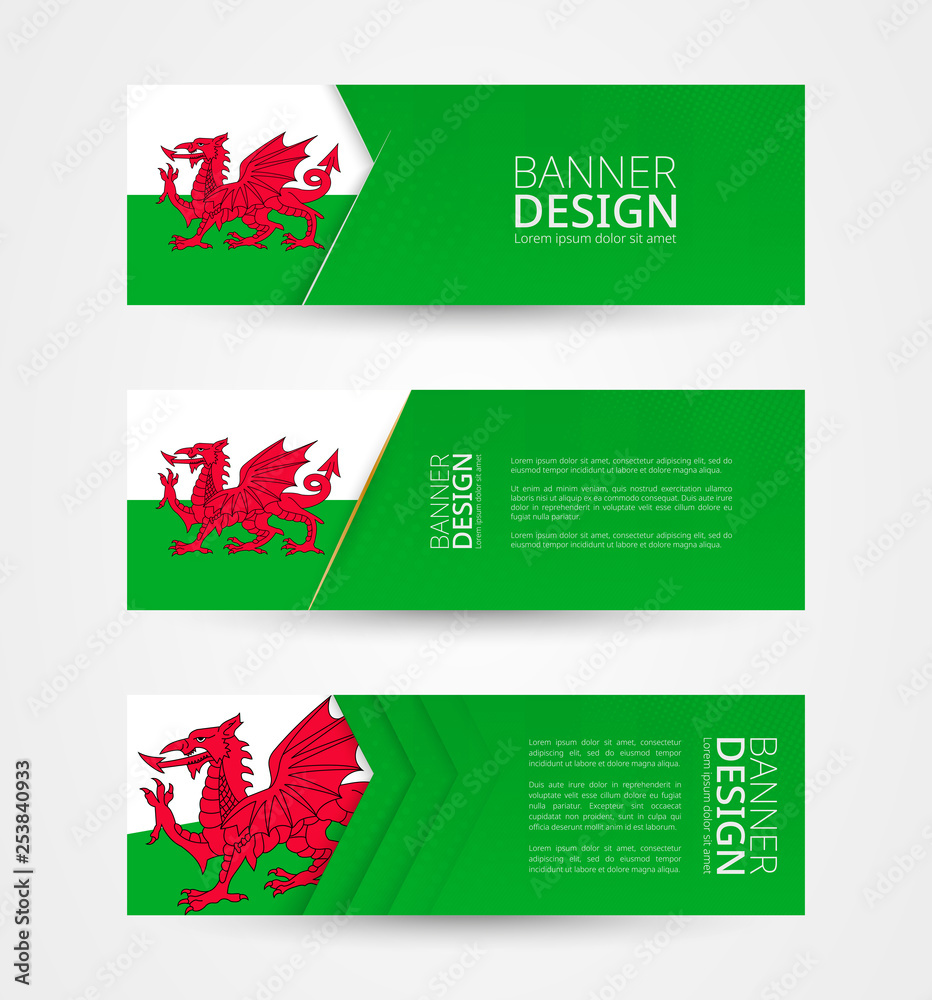 Set of three horizontal banners with flag of Wales. Web banner design ...