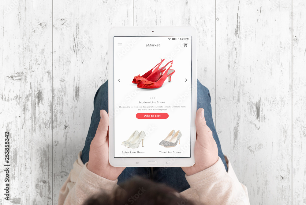 Tablet in woman hands with shopping ecommerce app with modern flat ...