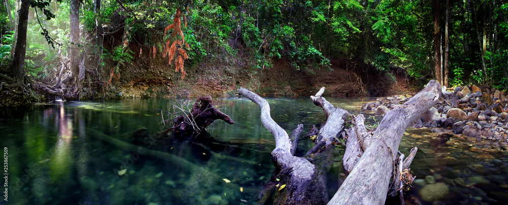 One of the cleanest water in the world flows under morning sunbeams and ...