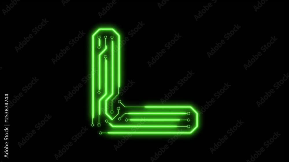 Animated green neon glowing alphabet letter L as circuit board style ...