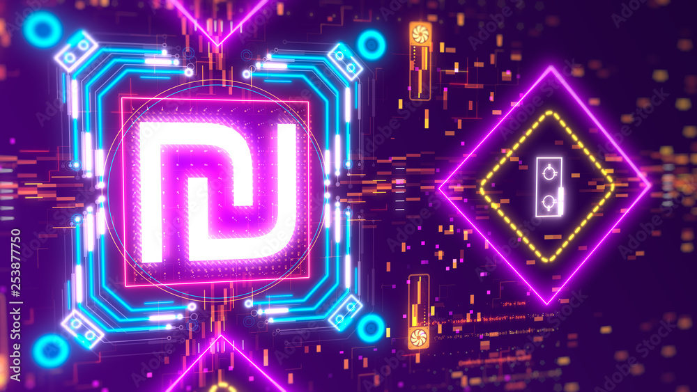 The Israeli new shekel sign. Money symbol on a cyber background. Stock ...