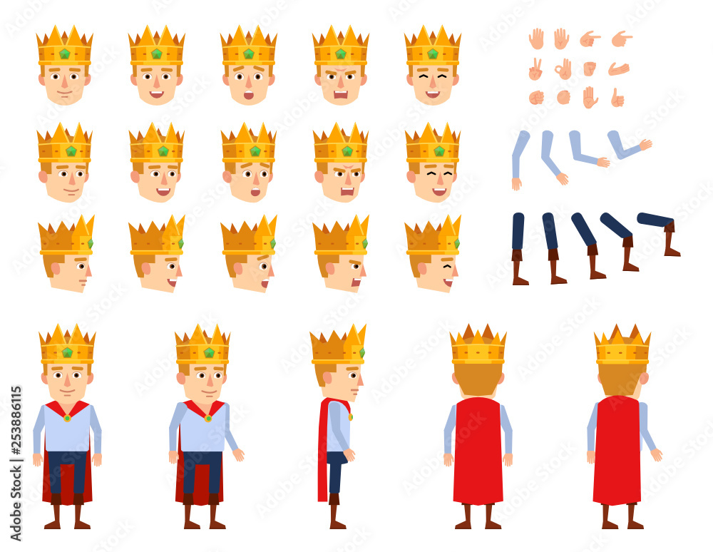 Young prince with crown creation set. Various gestures, emotions ...