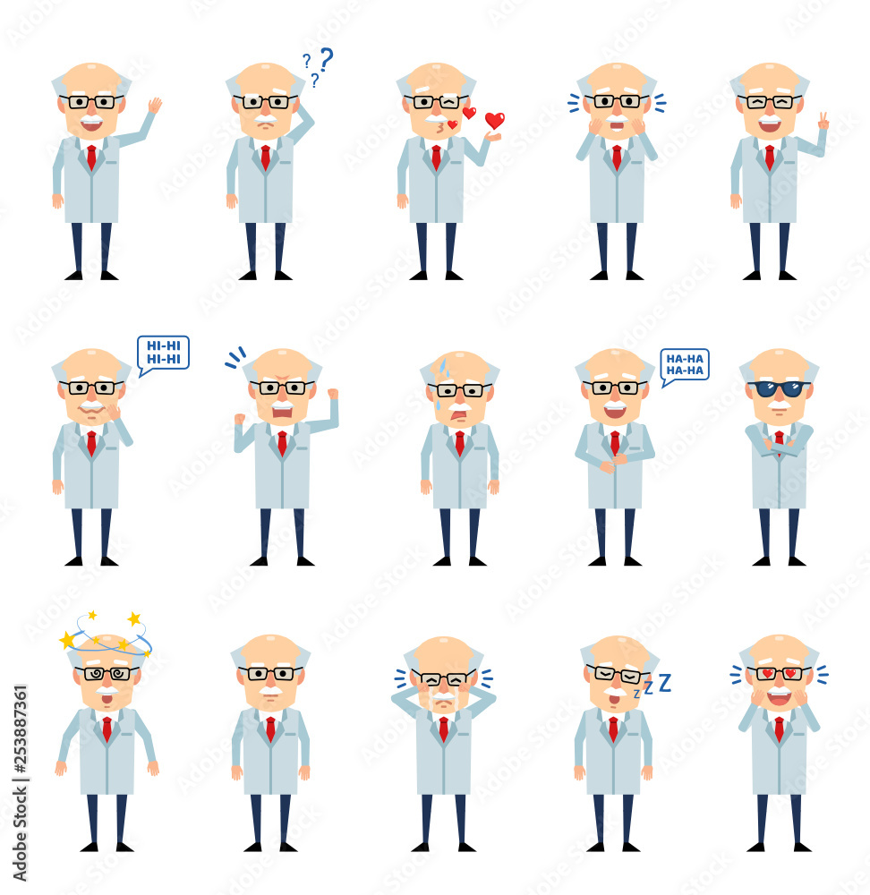 Set of old professor character showing various emotions. Cheerful ...