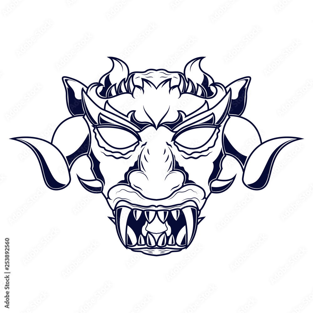 Line art Illustration of a demon head with horns with golden crowns ...