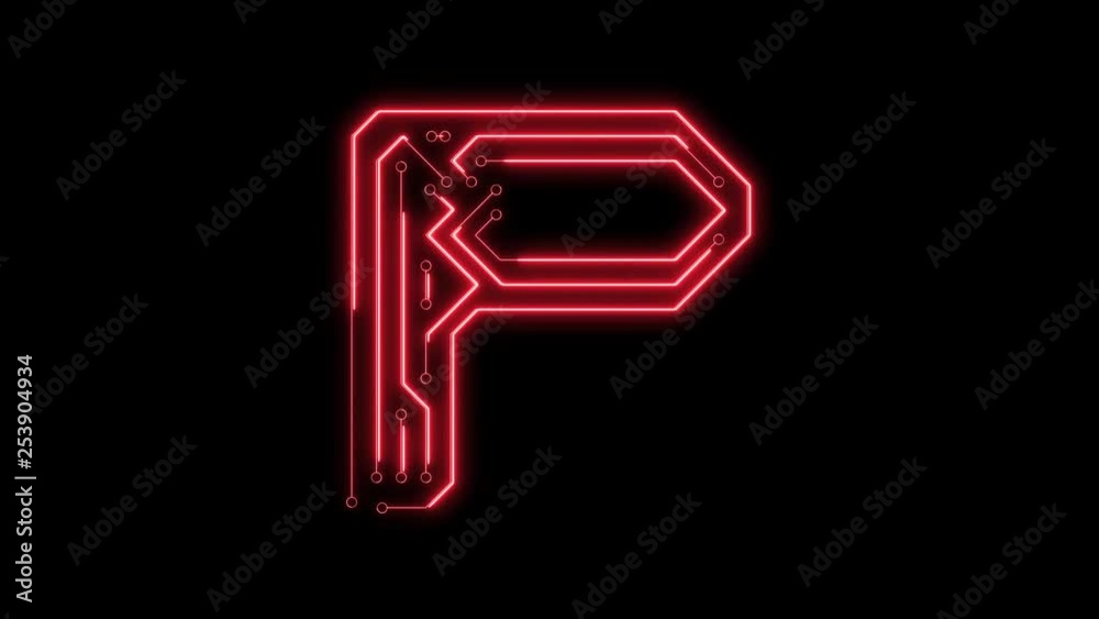 Animated red neon glowing alphabet letter P as circuit board style ...