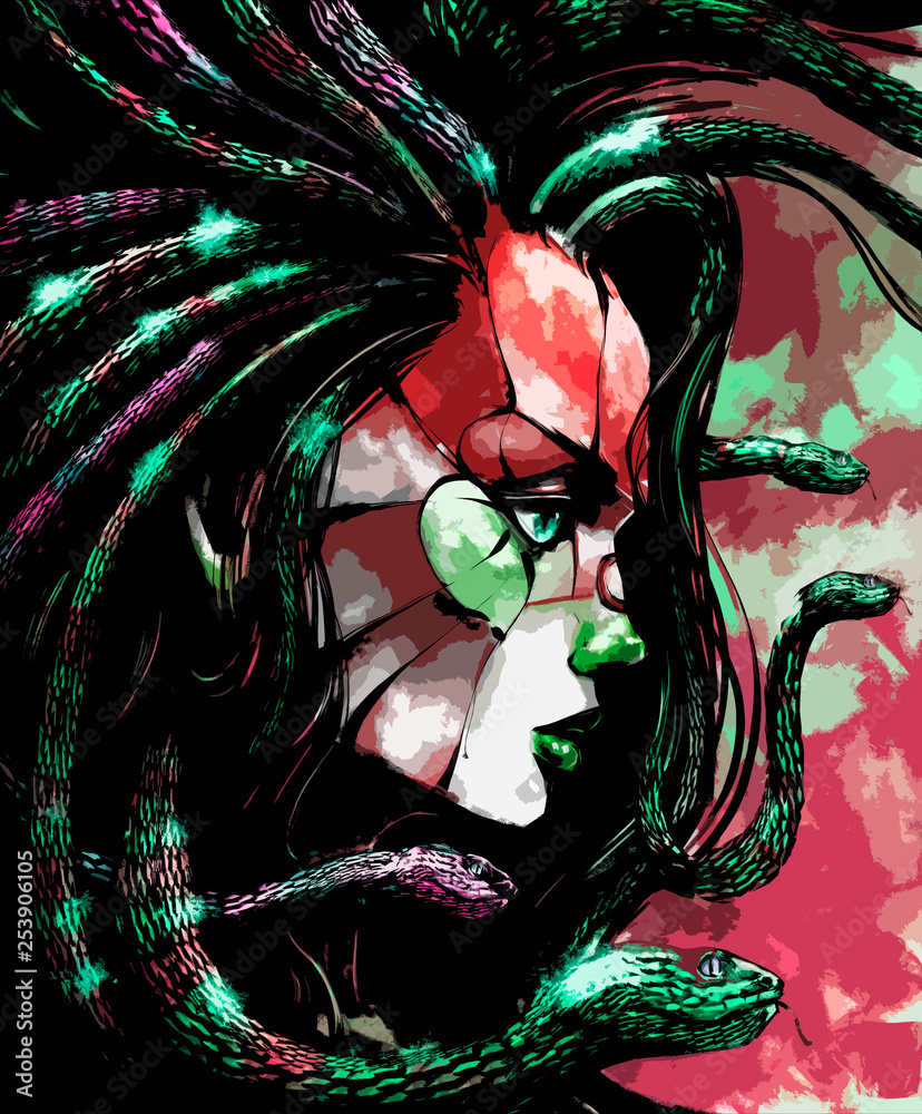 Gorgon Medusa with exotic snakes Stock Illustration | Adobe Stock