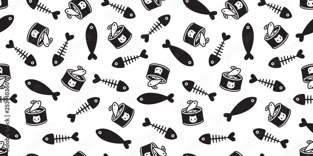 fish bone cat seamless pattern vector kitten food salmon tuna calico ...