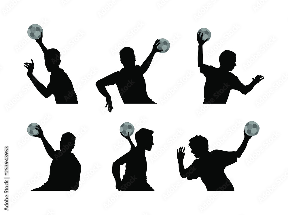 Handball player in action, attack shut in jumping vector silhouette ...