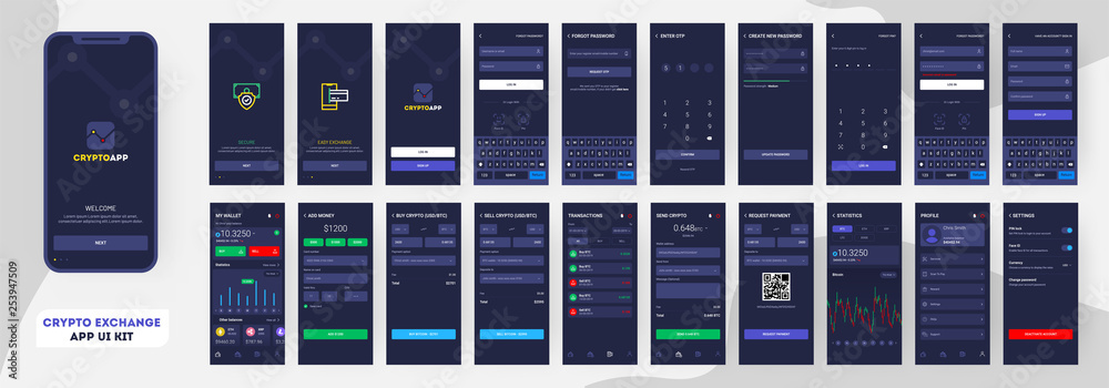 Crypto App UI Kit for responsive mobile app or website with different GUI layout including login ...