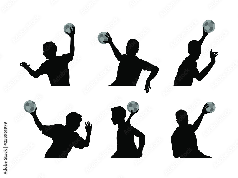 Handball player in action, attack shut in jumping vector silhouette ...