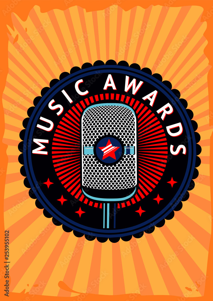 Music awards vector poster. Contest emblem with microphone. Talent show ...