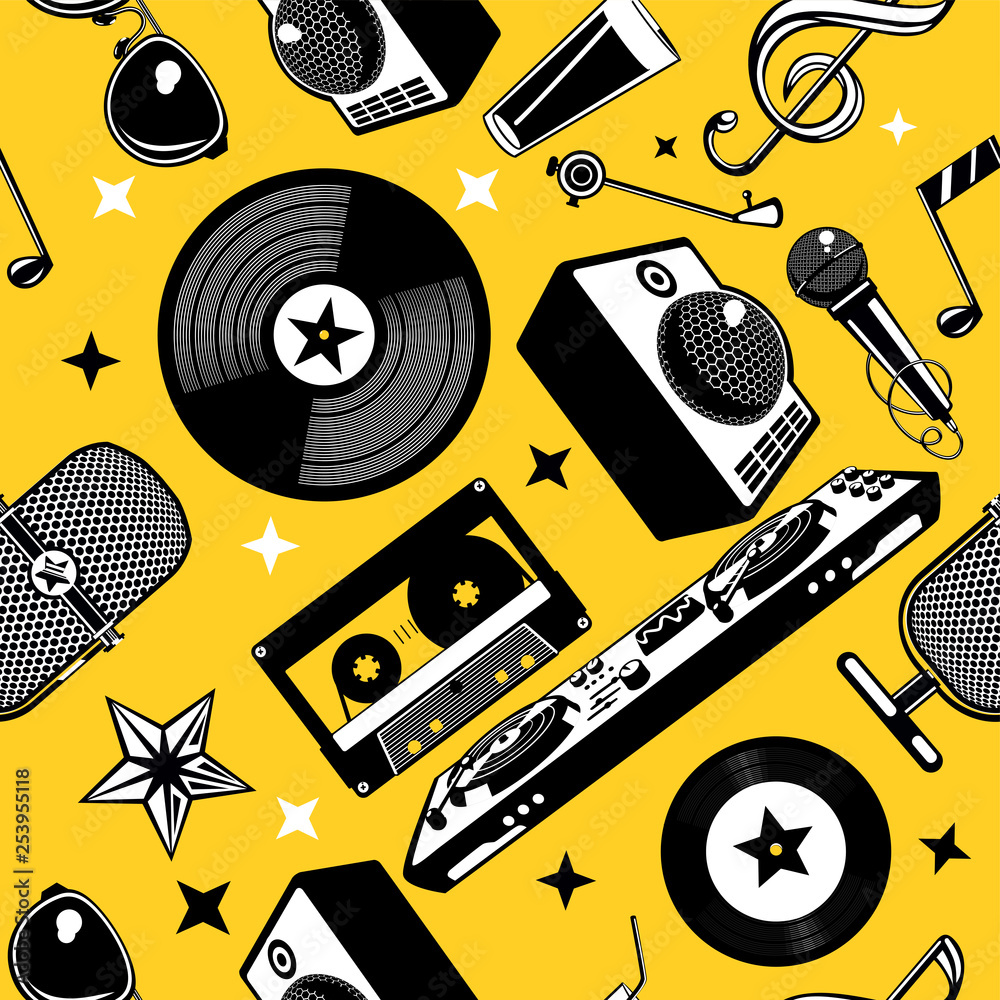 Retro music seamless pattern with vinyl disc and record. Musical ...