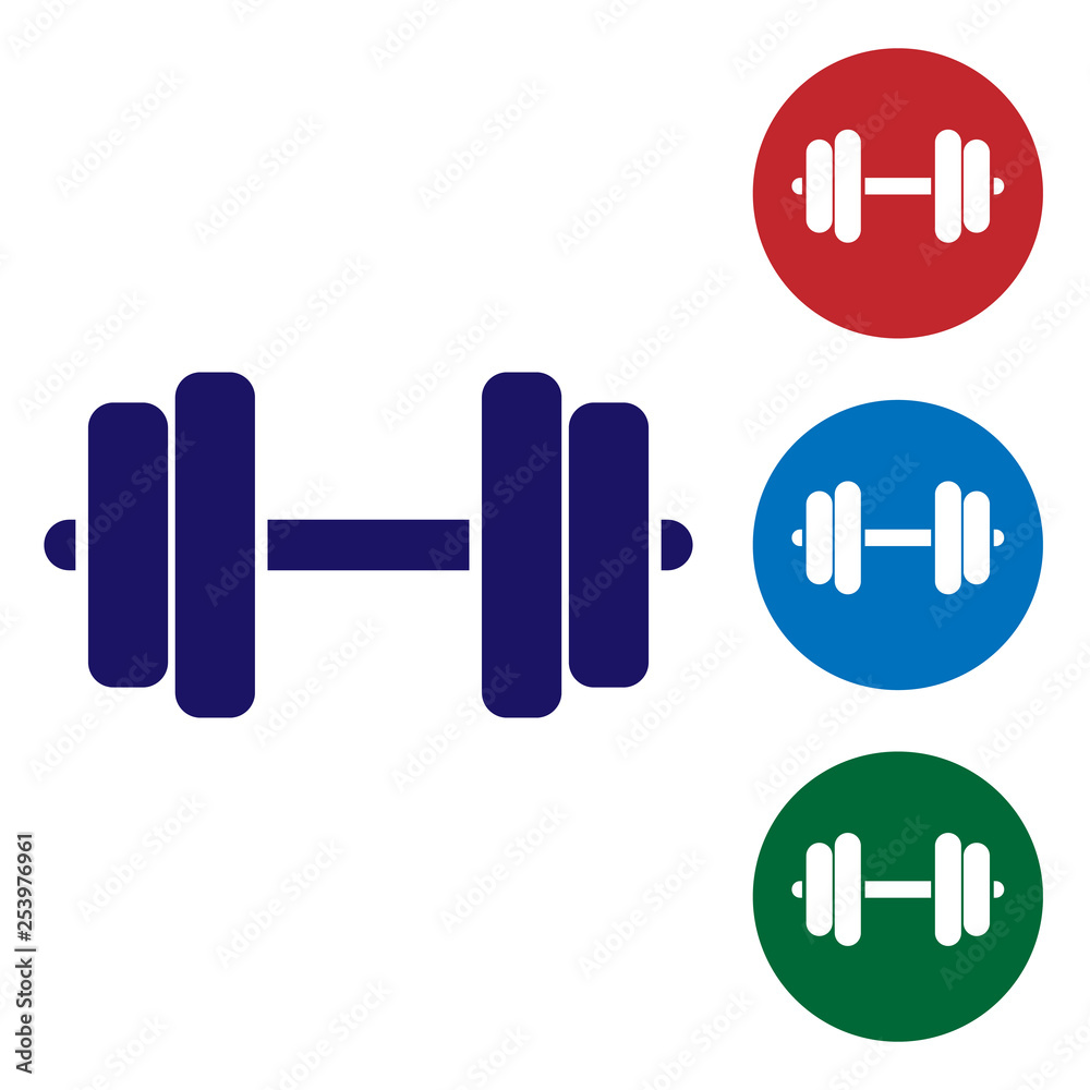 Blue Dumbbell icon isolated on white background. Muscle lifting icon, fitness barbell, gym icon ...