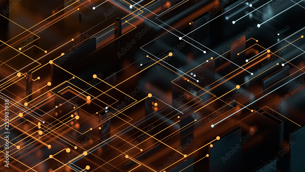 3d render abstract reflective background with particles that goes to ...