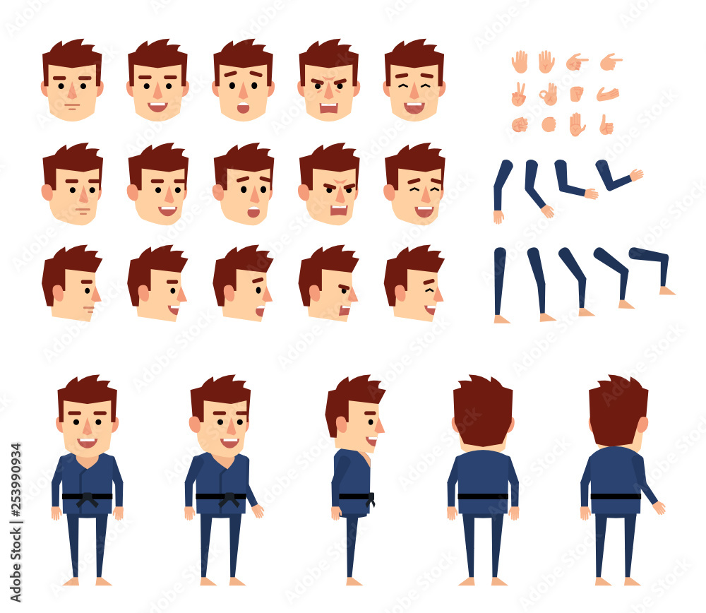Sportsman in blue kimono creation set. Various gestures, emotions ...
