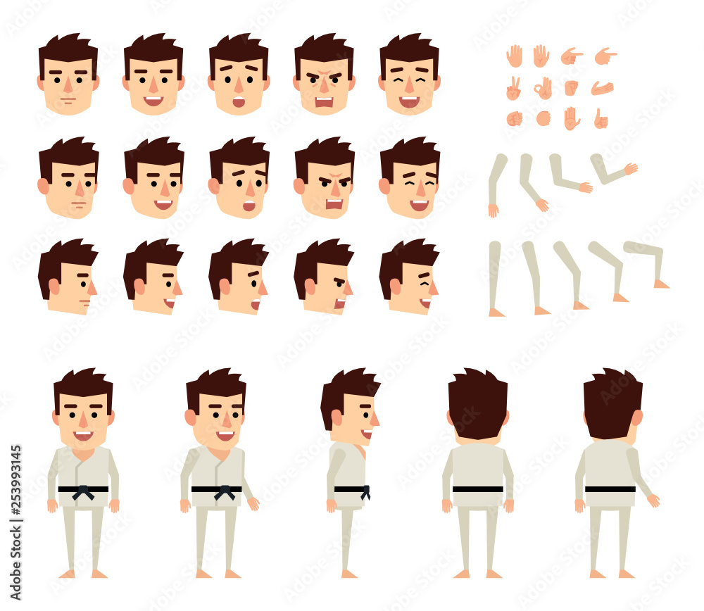 Sportsman in white kimono creation set. Various gestures, emotions ...