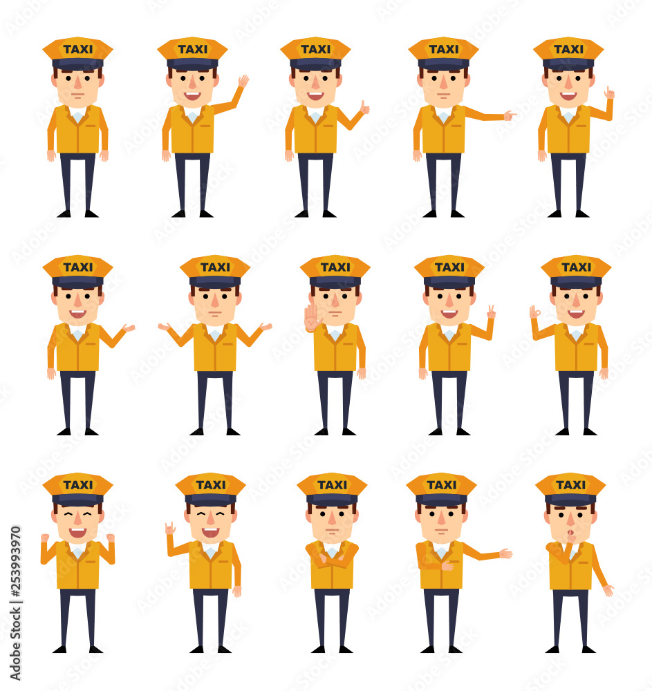 Set of taxi driver characters showing various hand gestures. Funny taxi ...