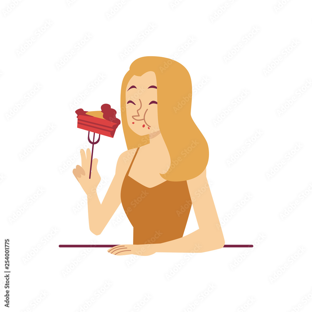 Woman is eating piece of cake holding dessert fork cartoon style Stock ...