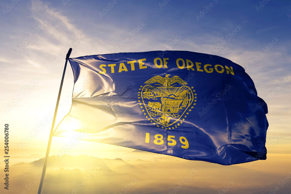 Oregon state of United States flag waving on the top sunrise mist fog ...