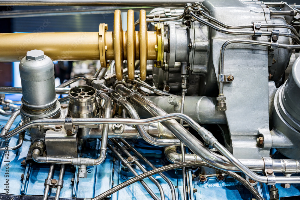 Engine of fighter jet, internal structure with hydraulic. Fuel pipes ...