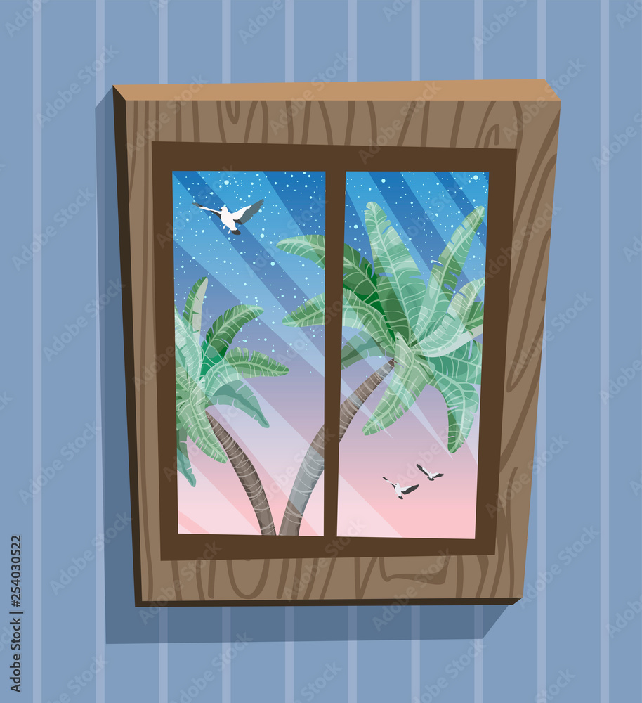 Cartoon window view. Starlight Night on paradise island Stock Vector ...