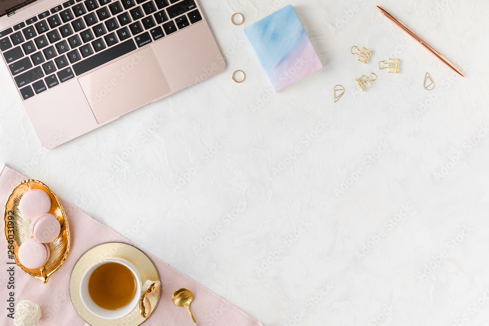Stylish women's office desk, flat lay. Feminine workspace with, laptop ...