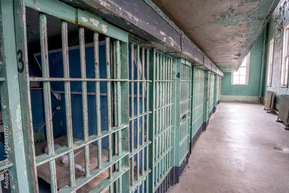Row of jail cell doors painted green with windows looking outside Stock ...