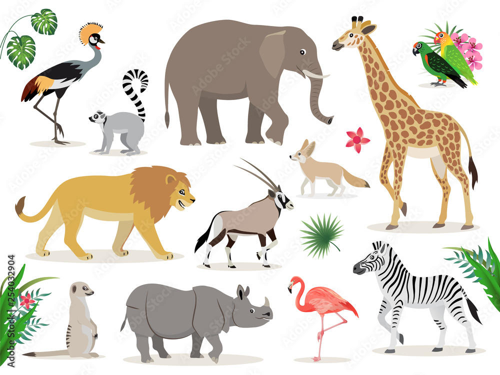 Set of cute African animals icons isolated on white background, crowned ...