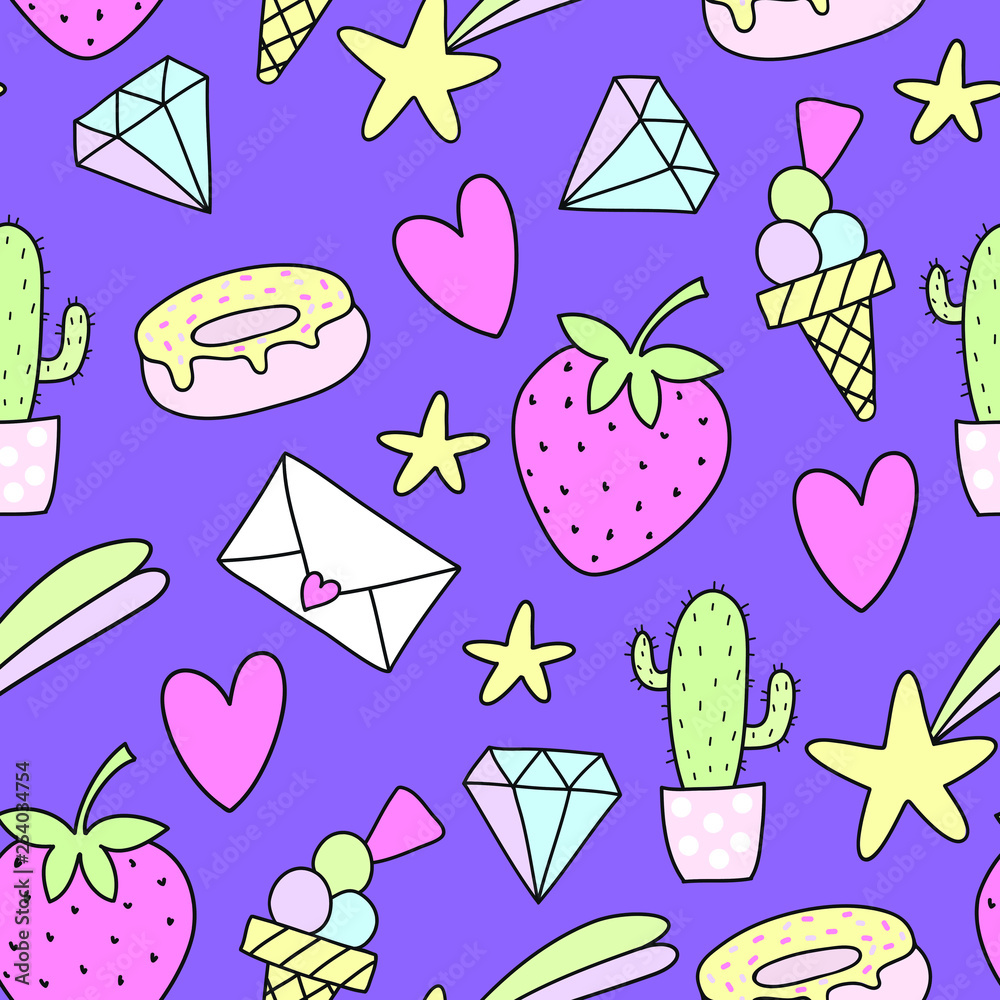 Vector pattern of graphic cute drawings on purple background. doodle ...
