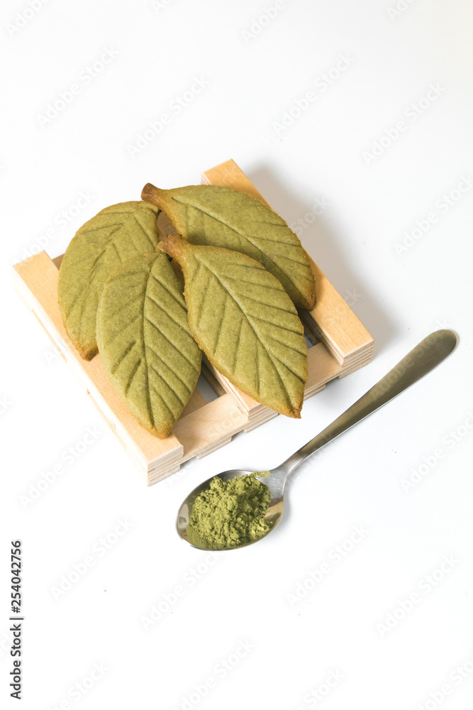 Homemade matcha green tea shortbread cookies in shape of of green tea ...