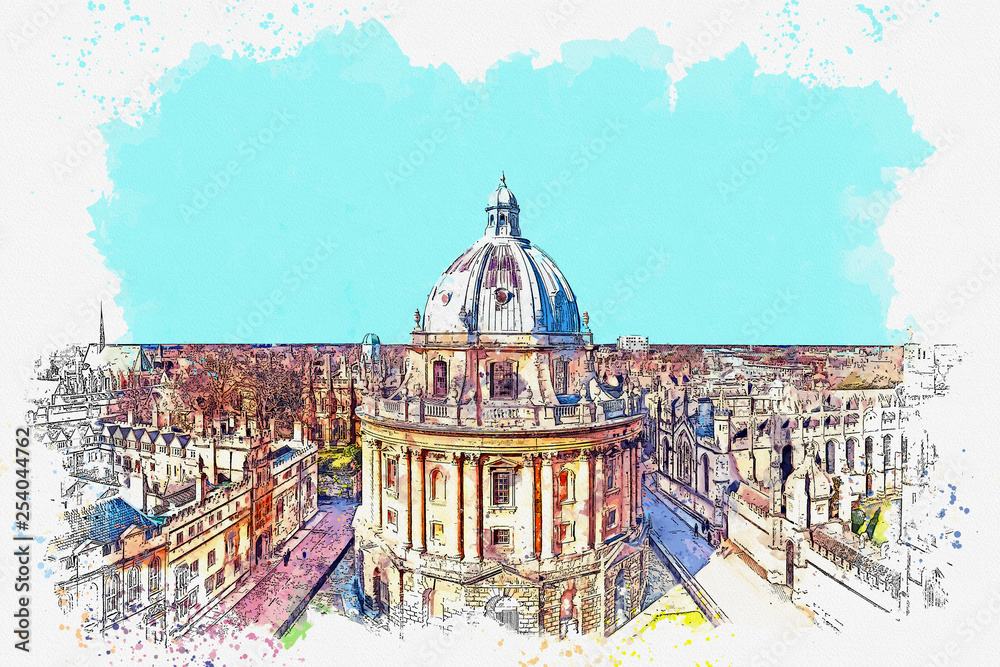 Watercolor sketch or illustration of a view of Radcliffe Camera at ...