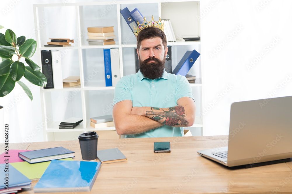 Employee of the month. Man indifferent boss with golden crown sit in ...
