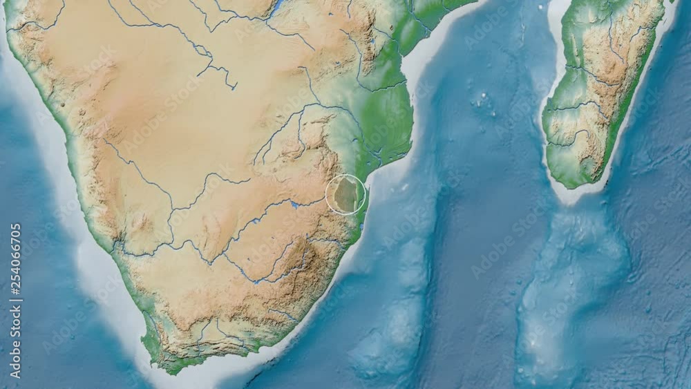 Swaziland area presented against the global physical map in the ...